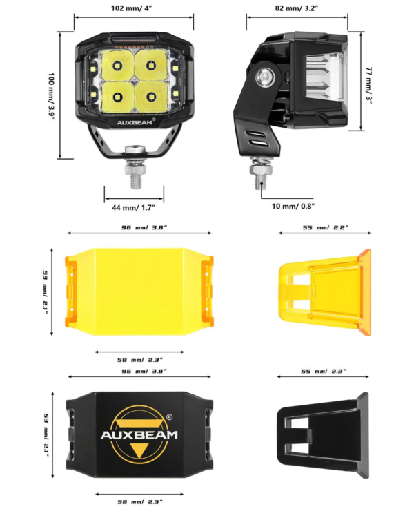 Auxbeam V-MAX Series 4 Inch 92W 8960LM Spot Beam Side Shooter Square ...